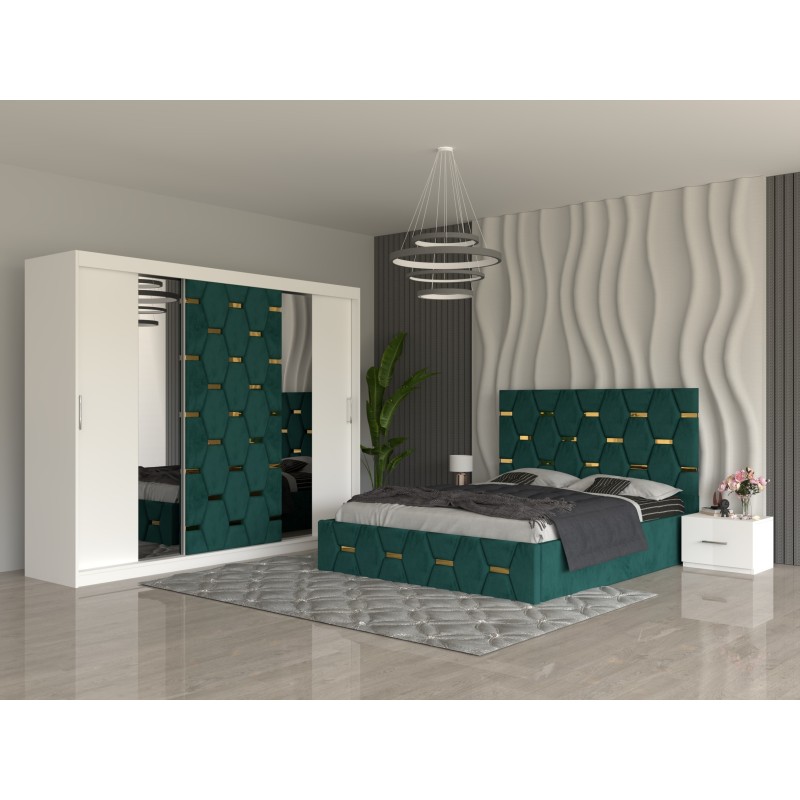 Dormitor SOFIA Verde Pat Tapitat Cu 2 Noptiere Si Dressing Tapitat 250
